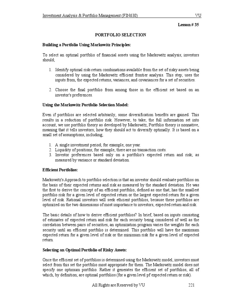 Asset Allocation & Markowitz Model for Optimal Portfolio Selection | PDF | Diversification ...