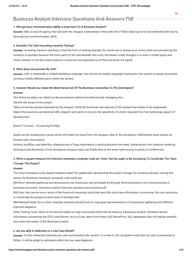 Business Analyst Interview Questions and Answers PDF - SVR Technologies ...