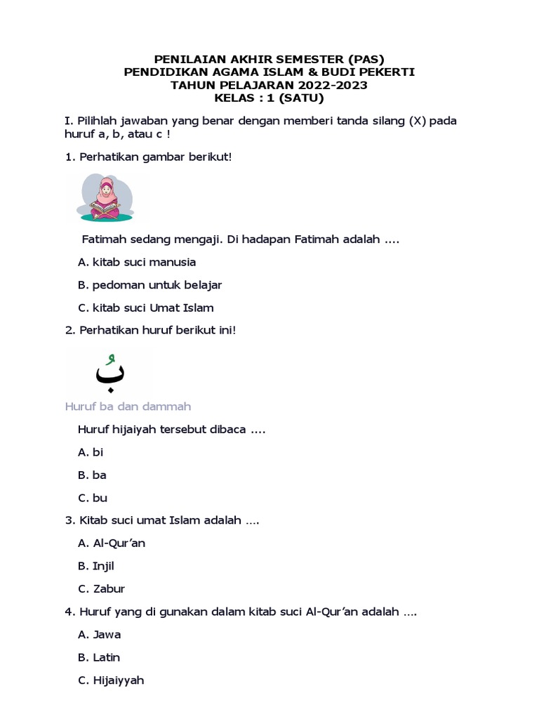 Soal Pas Pai KLS 1 | PDF