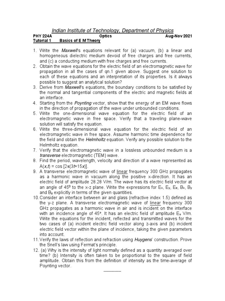 IIT Physics Department EM Wave Tutorials | PDF | Waves | Interferometry