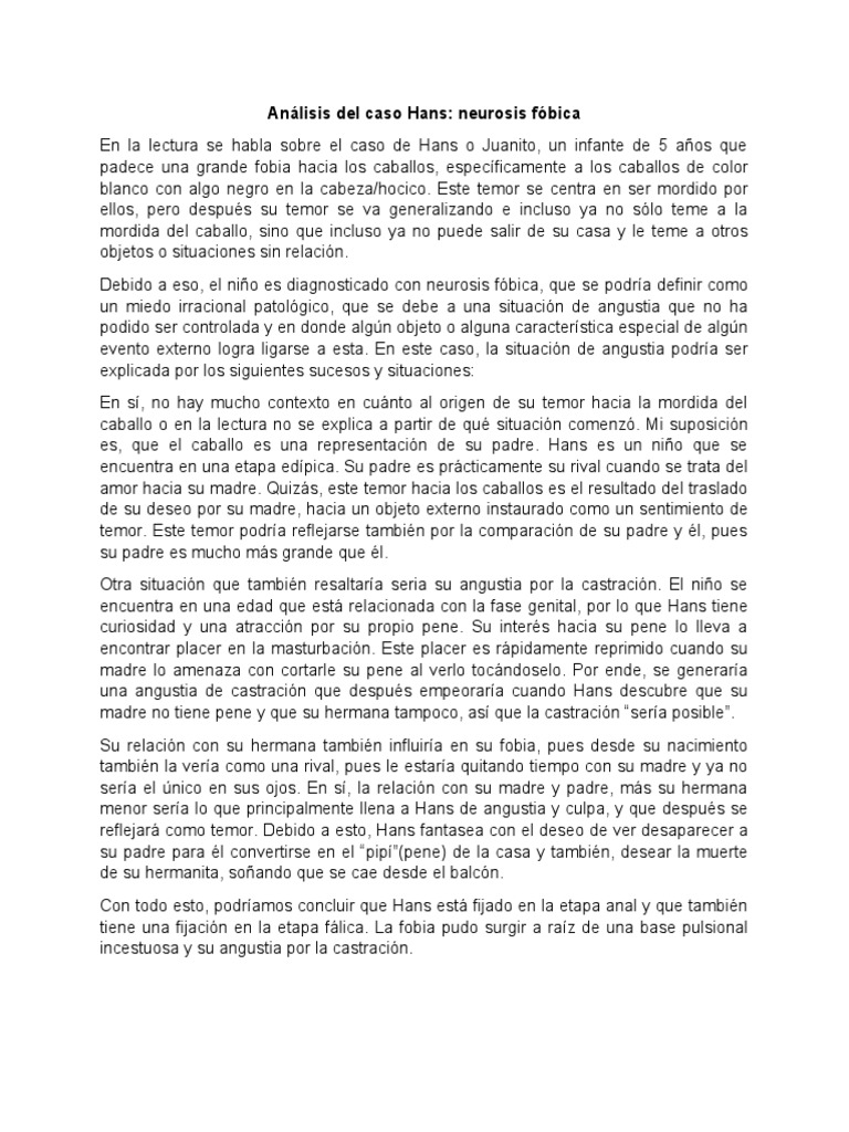 Análisis Del Caso Hans Psicoanálisis Infantil | PDF | Temor | Fobia