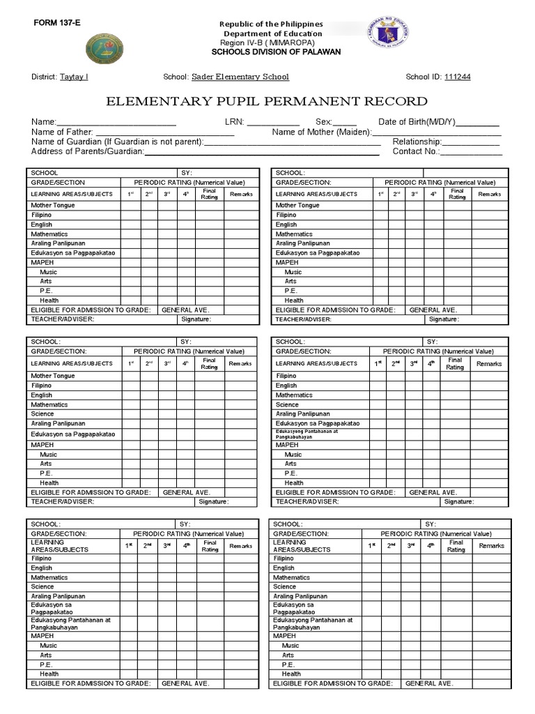 Form 137-School Permanent Record | PDF