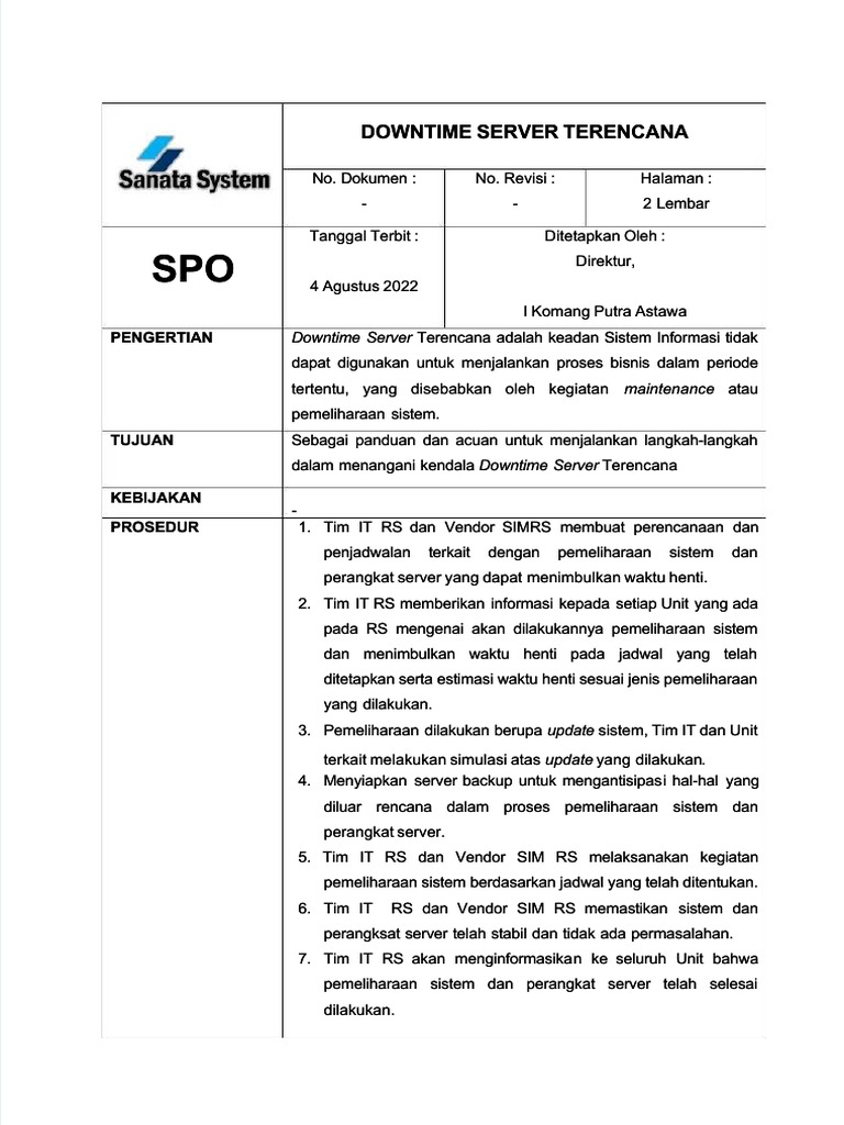Sop Downtime Sim Rs Yang Terencana | PDF