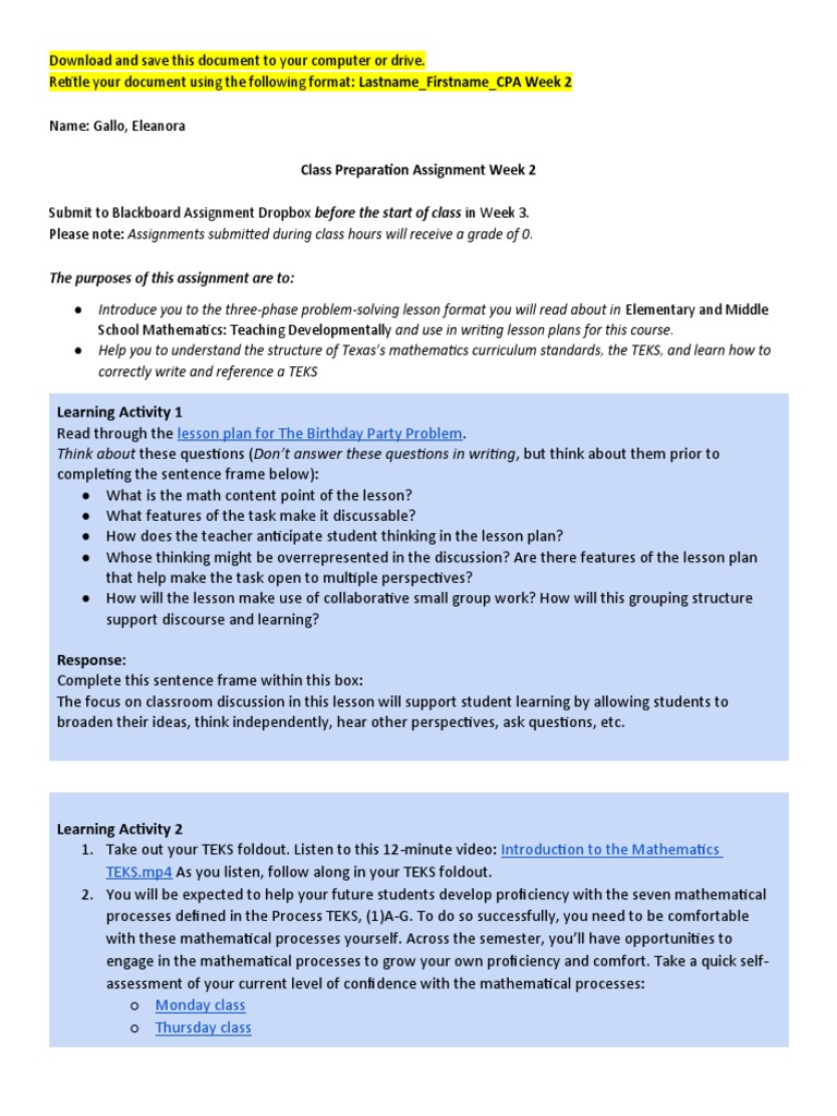 Gallo - EleanoraT - CPA Week 2 | PDF | Lesson Plan | Mathematics