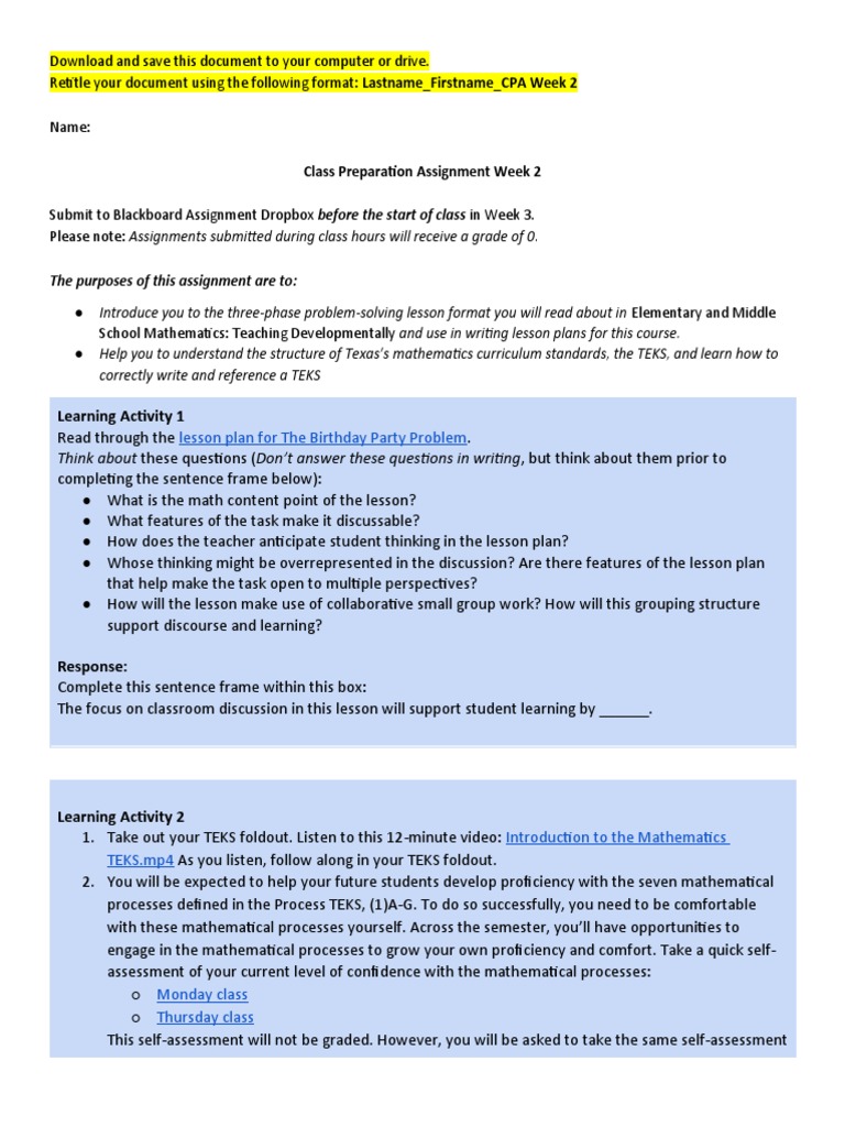 CPA Week 2: Math TEKS and Lesson Plans | PDF | Lesson Plan | Mathematics