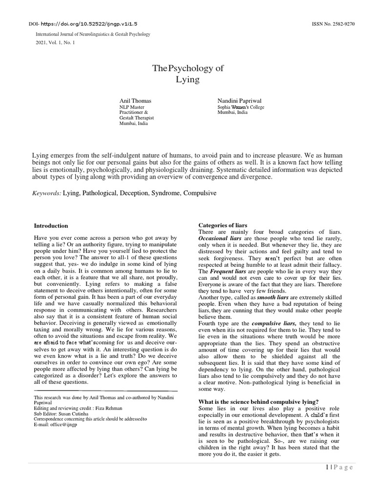 The Psychology Of Lying Pdf Deception Lie