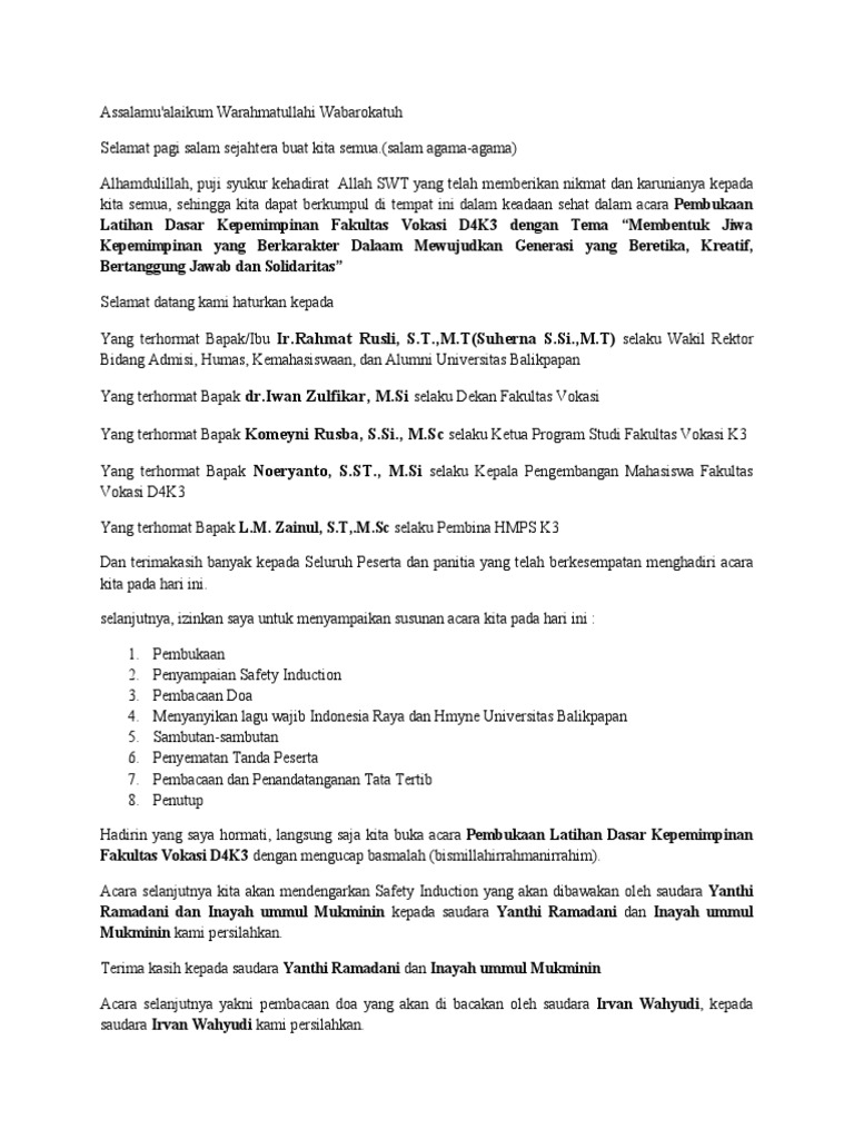 Teks MC Pembukaan LDK Maba 2022-2023 | PDF