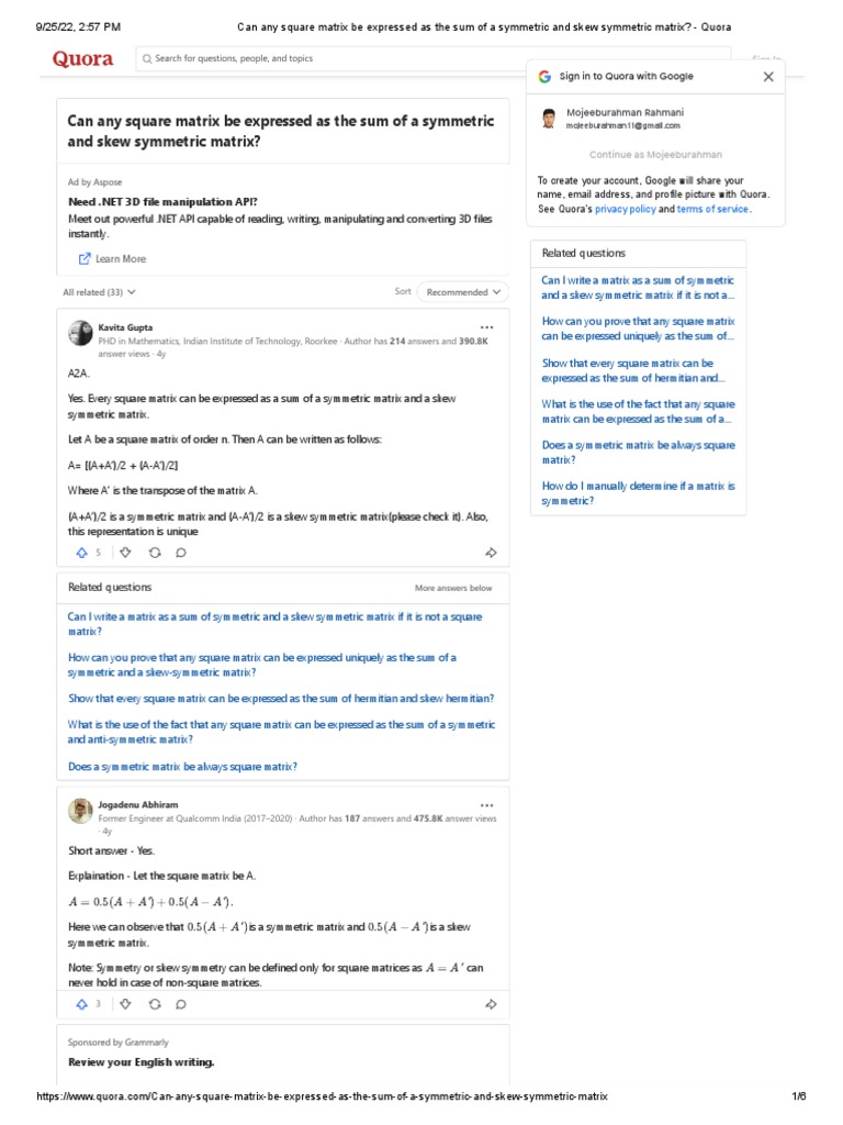 Can Any Square Matrix Be Expressed As The Sum of A Symmetric and Skew ...