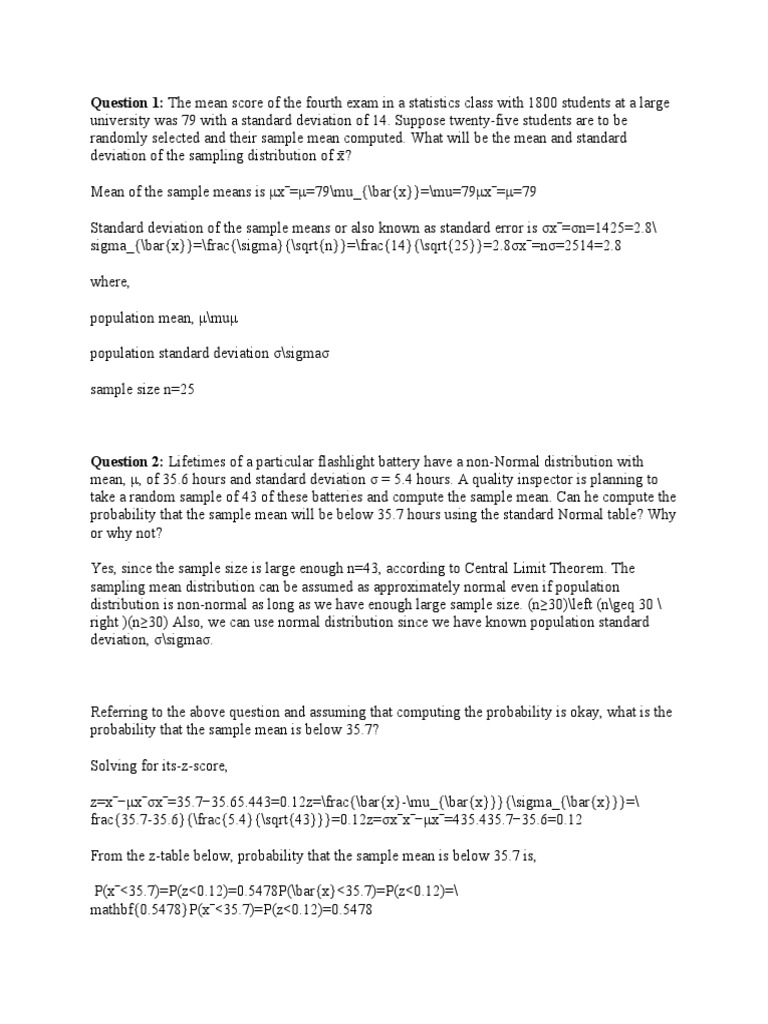 Question 1: The Mean Score of The Fourth Exam in A Statistics Class ...