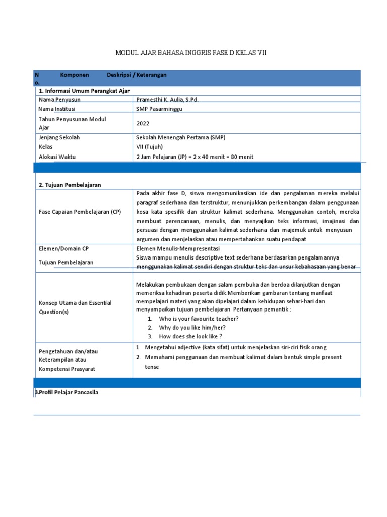 Modul Ajar Descriptive Text | PDF | Karier & Perkembangan