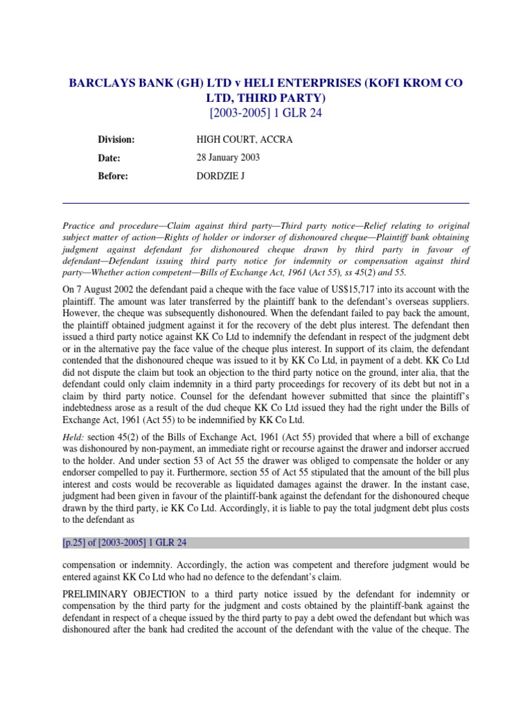 Barclays Bank (GH) LTD v. Heli Enterprises (Kofi Krom Co LTD, Third ...