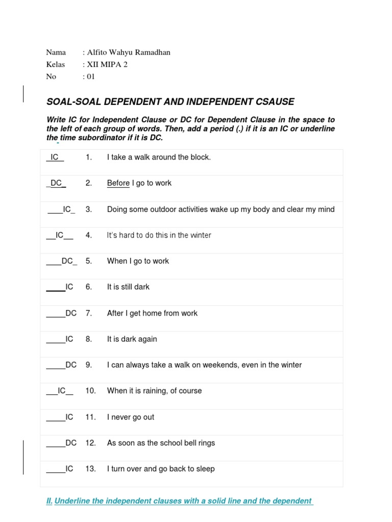 Independent and Dependent Clauses Exercise | PDF | Grammar | Language ...