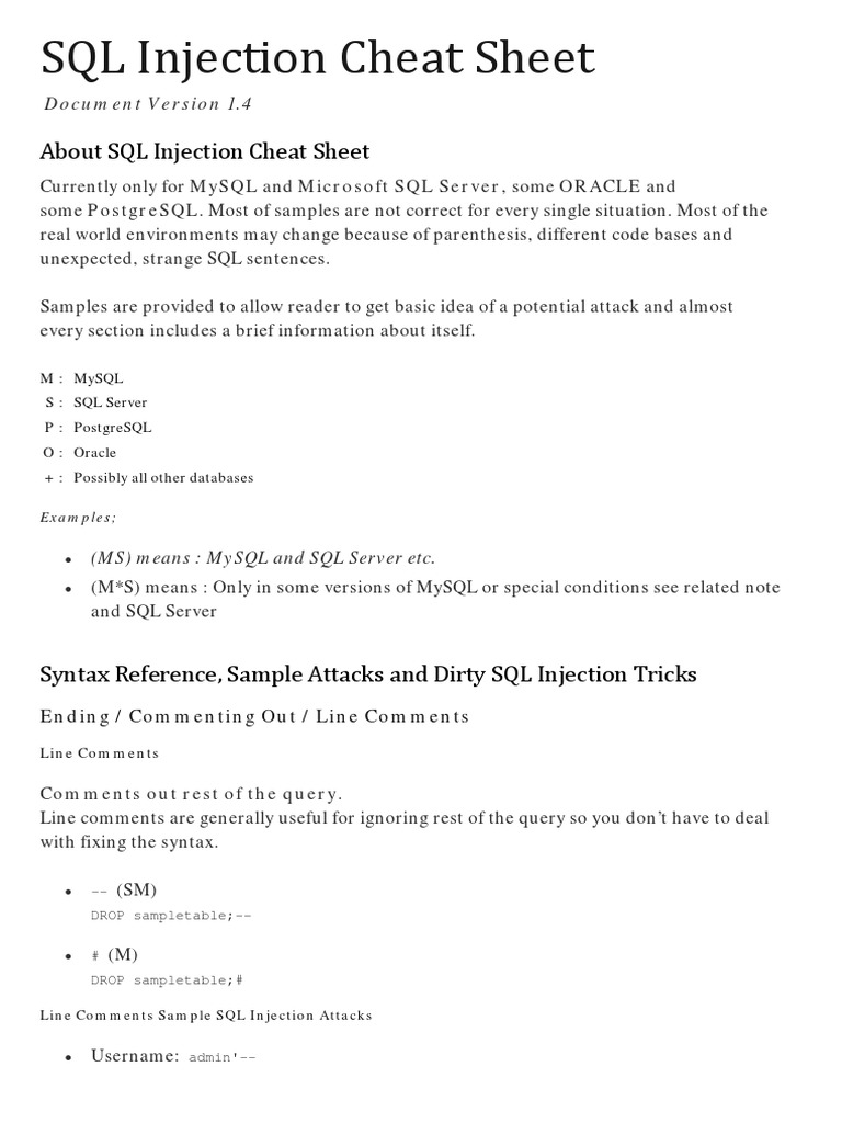 SQL Injection Cheat Sheet | PDF