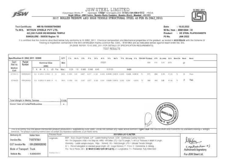 E350C Test Certificate | PDF
