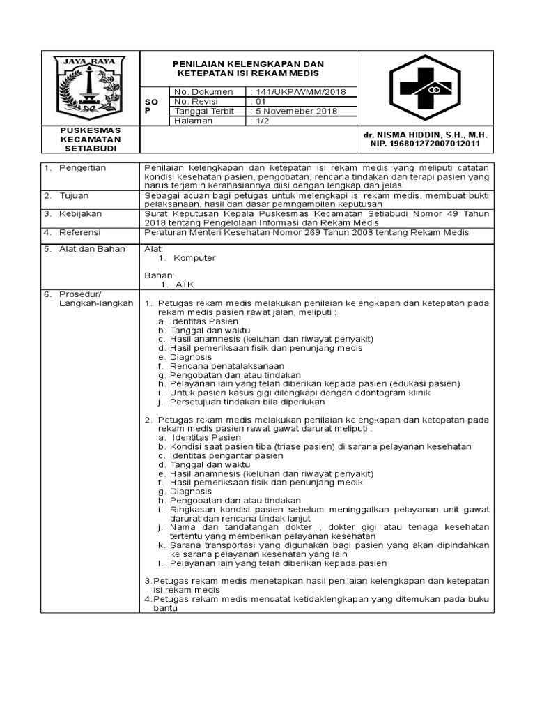 Sop Penilaian Kelengkapan Dan Ketepatan Isi Rekam Medis | PDF