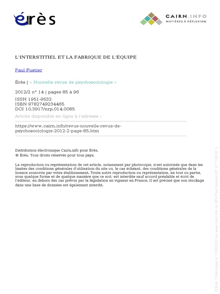 Paul FUSTIER - L'interstitiel Et La Fabrique de L'équipe | PDF ...