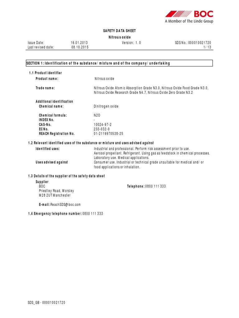Safety Data Sheet Nitrous Oxide | PDF | Firefighting | Dangerous Goods
