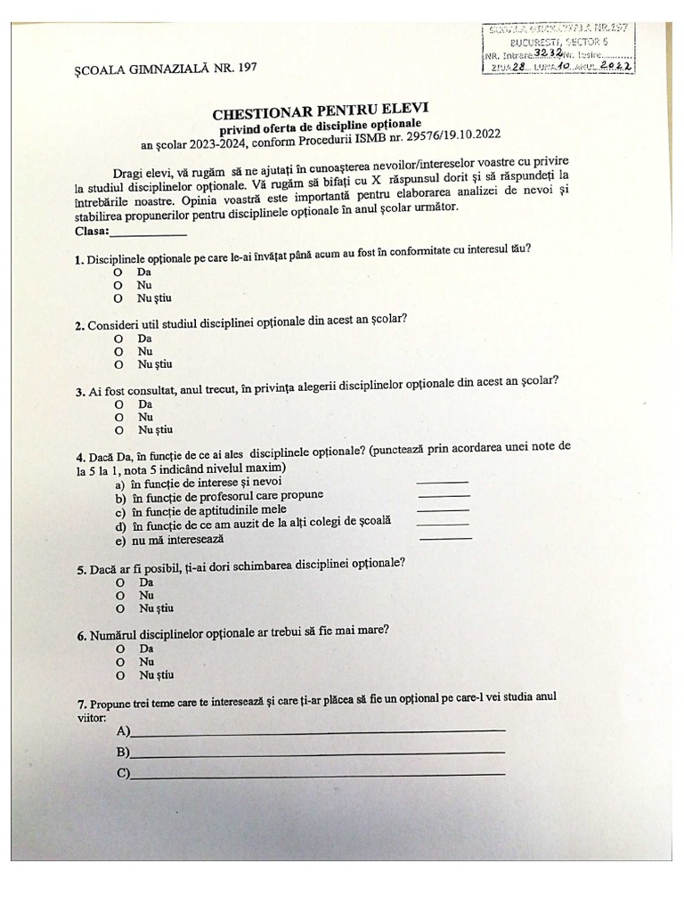 Chestionar Optional Elevi | PDF