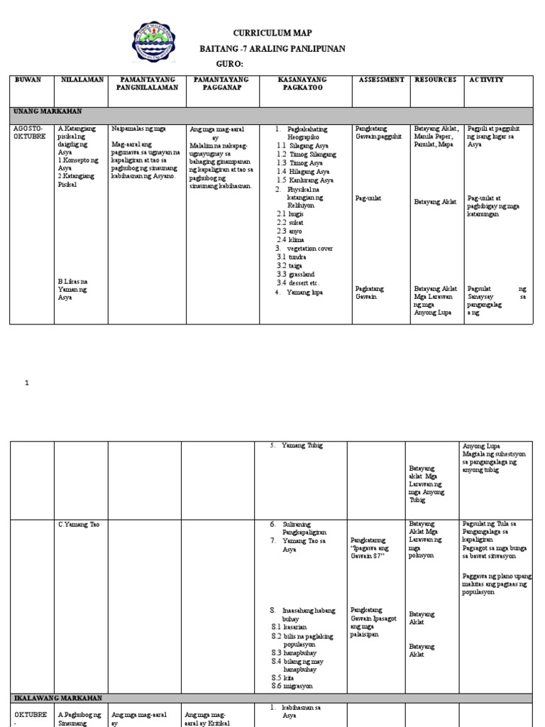 Curriculum Map Baitang - 7 Araling Panlipunan Guro | PDF