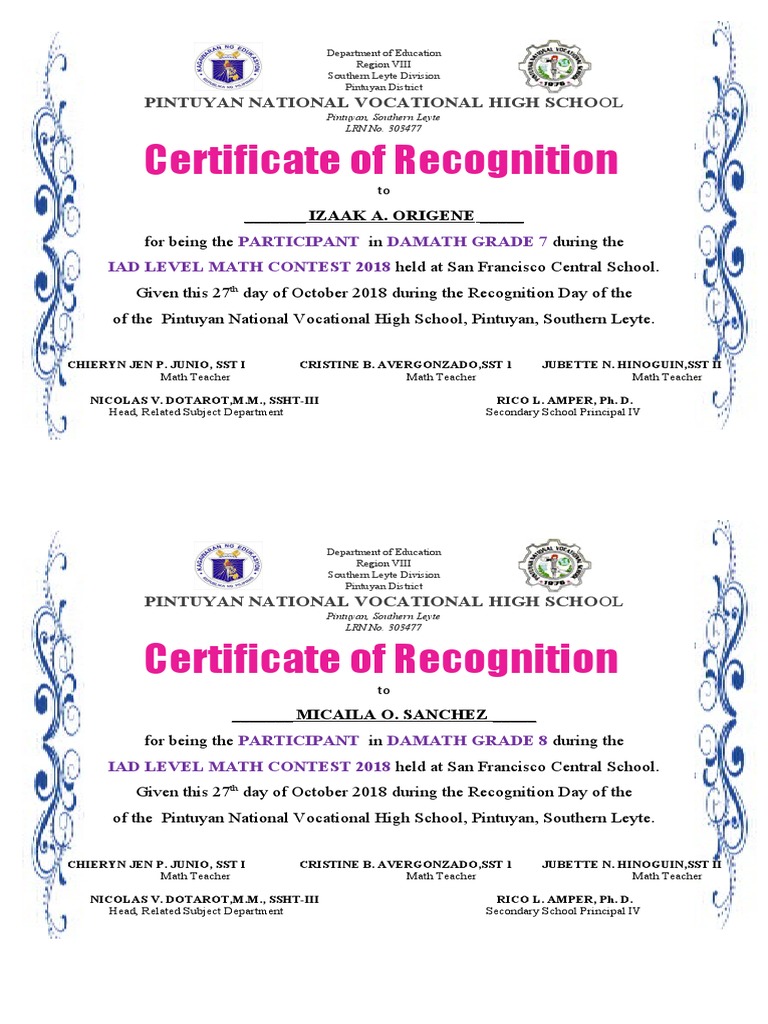Math Contest Recognition Certificates | PDF