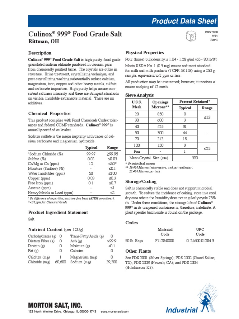 Morton 50 Culinox 999 Salt Data Sheet | PDF
