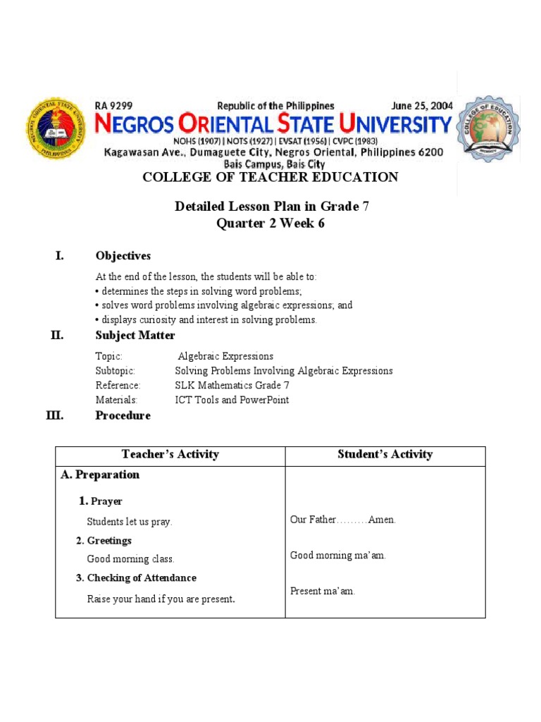 Detailed Lesson Plan In Grade 7 Pdf Equations Variable Mathematics