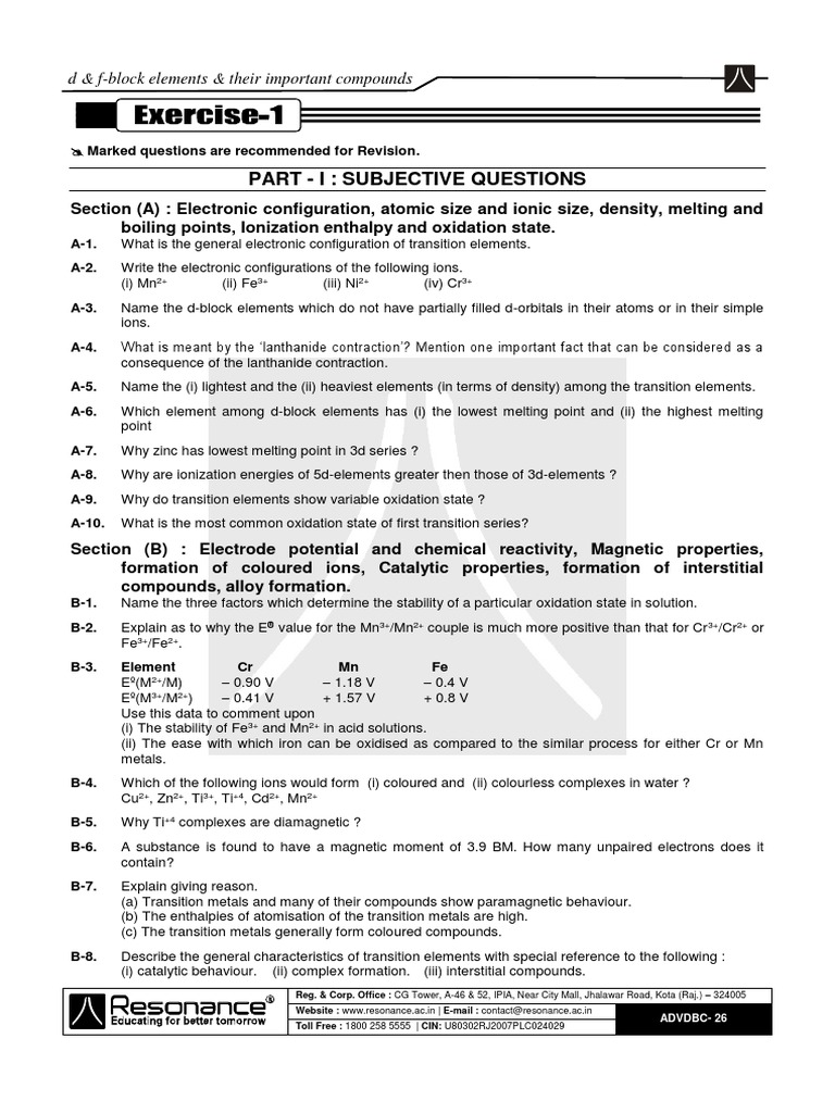 D - F-Block Elements - Their Important Compounds Exercises | PDF ...