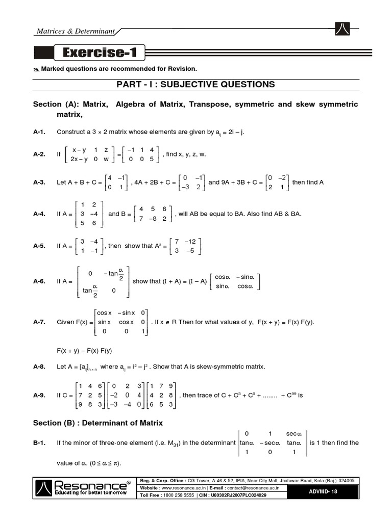 Matrices and Determinants Exercise | PDF