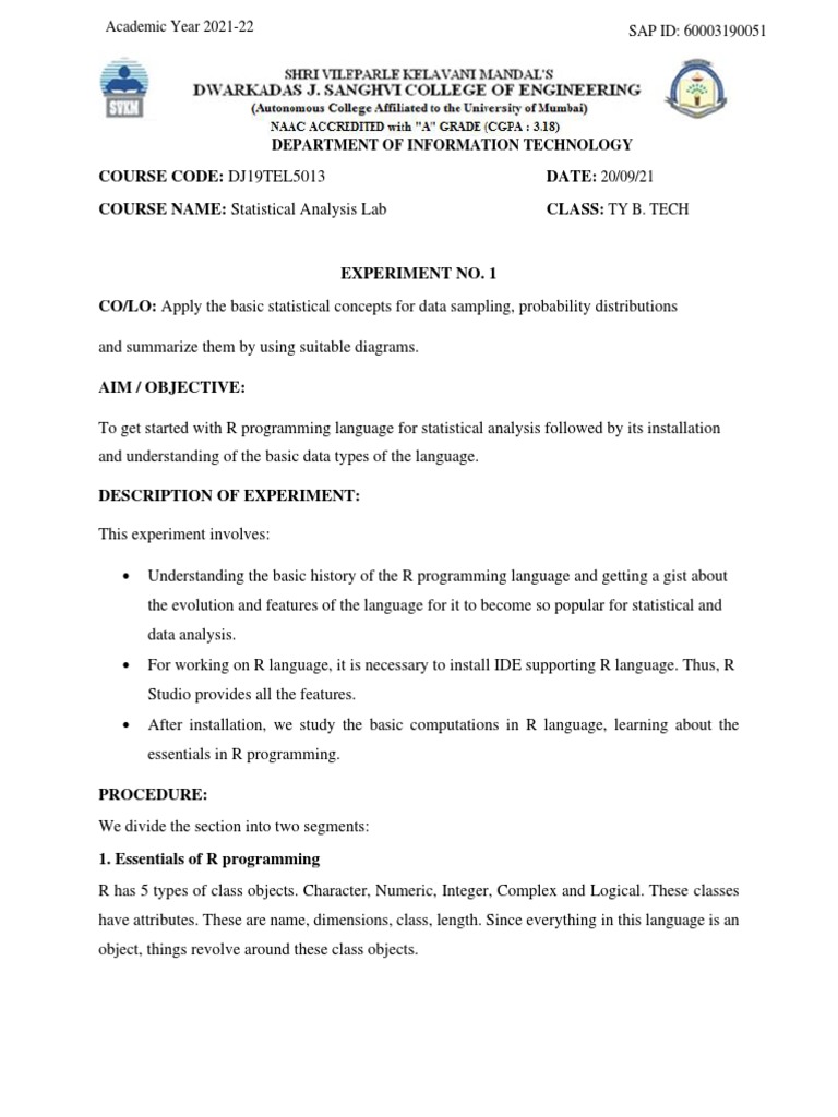 Shivam Vora - Sa Exp 1 | PDF | Matrix (Mathematics) | R (Programming ...