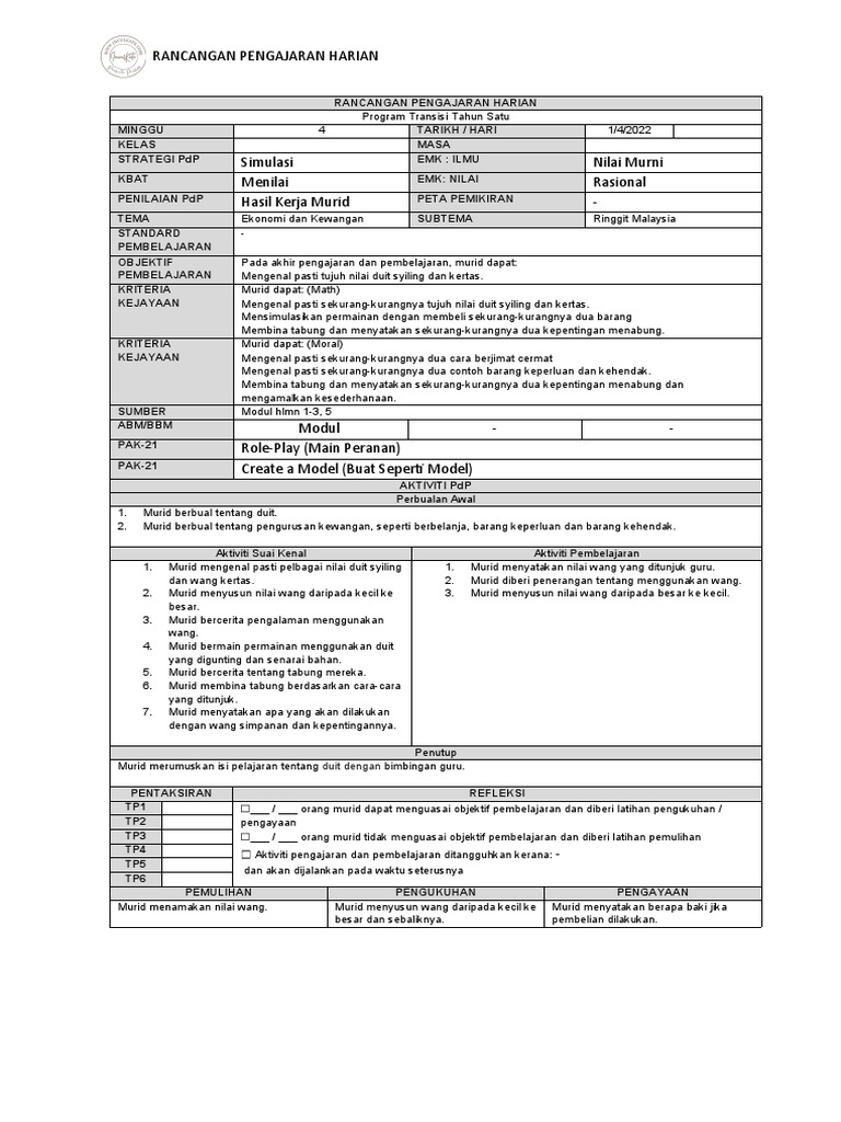 2.0 RPH Transisi Minggu 4 (Inculkate - My) | PDF