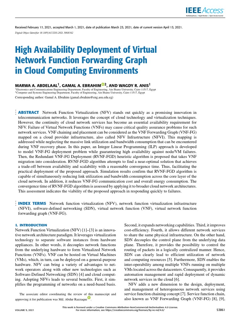 High Availability Deployment Of Virtual Network Function Forwarding Graph In Cloud Computing
