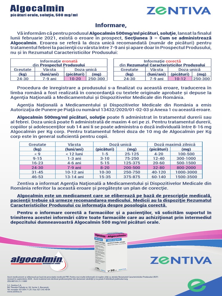 Informare Zentiva Algocalmin Martie 2021 | PDF