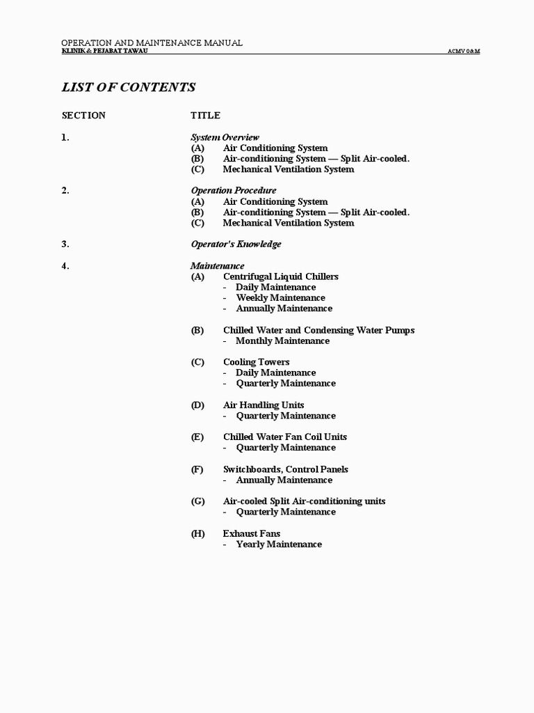 Operation And Maintenance Manual Of Air Conditioning System In Klinik