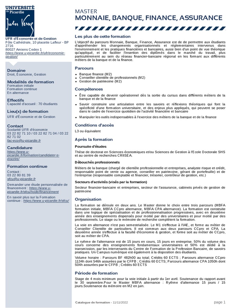 Master MBFA : Formation et Débouchés | PDF | Banques | Argent