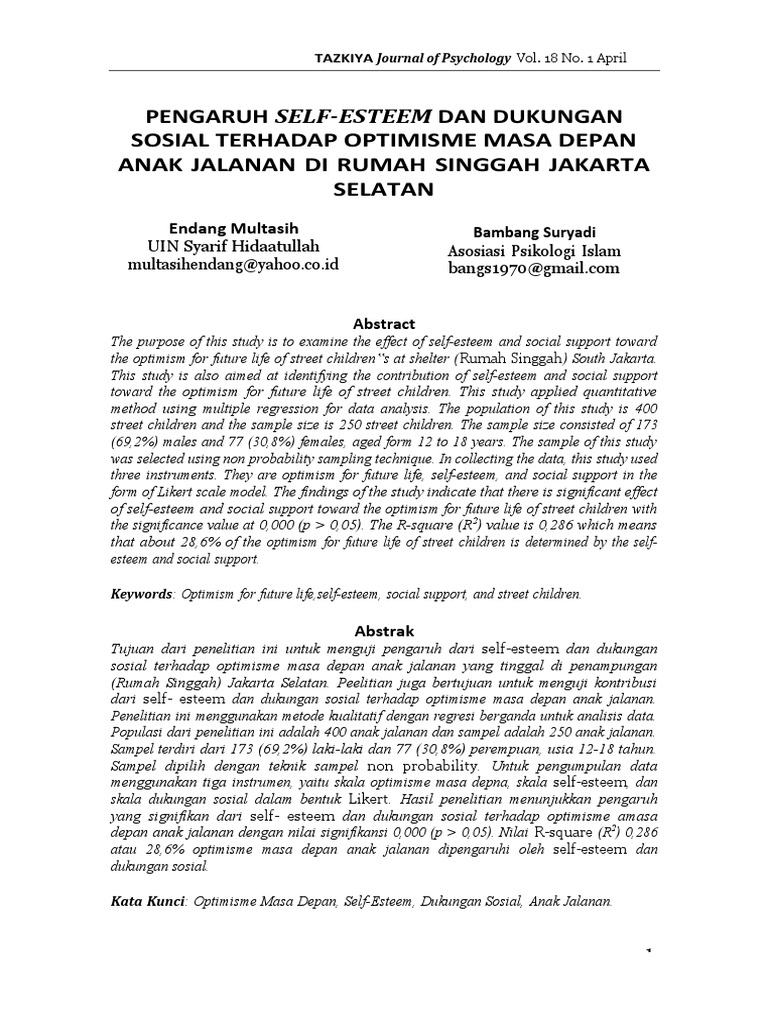 Pengaruh Self-Esteem Dan Dukungan Sosial Terhadap Optimisme Masa Depan Anak Jalanan Di Rumah ...