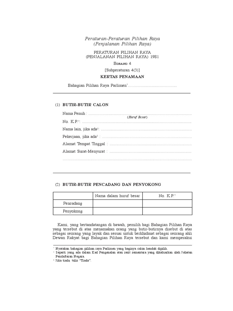 Borang Penamaan Calon Pilihan Raya | PDF