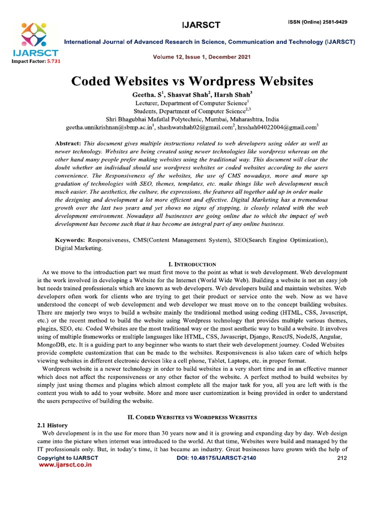 Coded Website Vs Wordpress Website | PDF