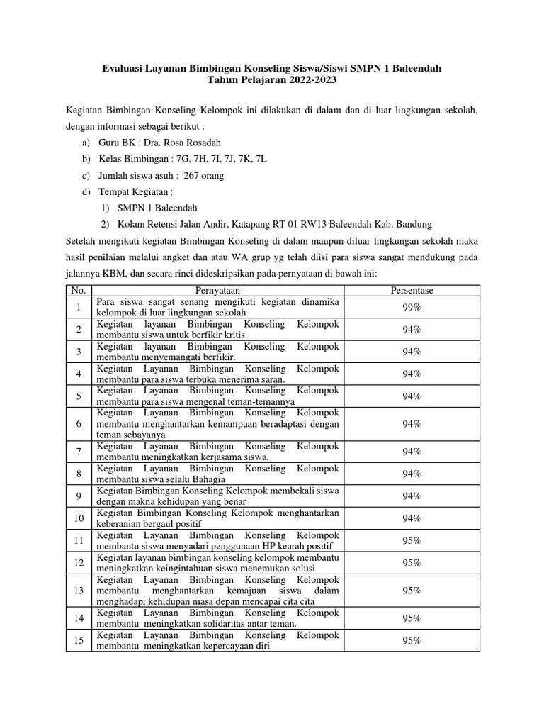 Evaluasi Layanan BK - Rosa | PDF