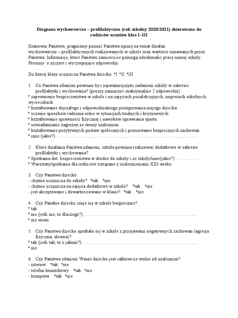 Ankieta Diagnozująca Program Wych-Prof RODZICE I-Iii | PDF