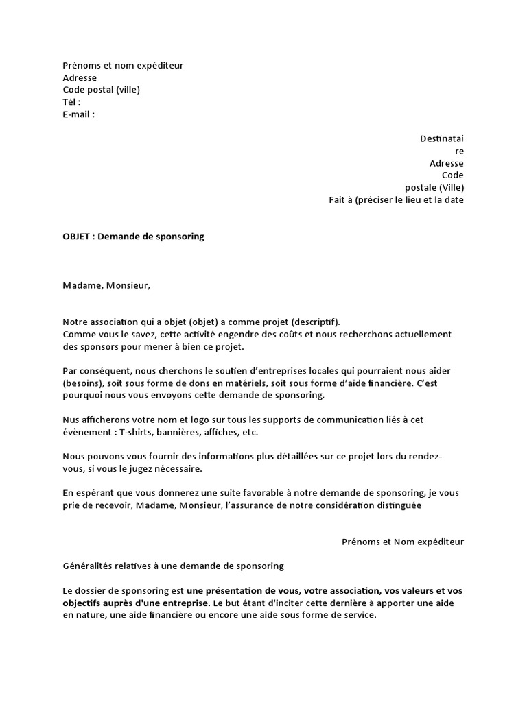 Modèle de Courrier de Demande de Sponsoring | PDF