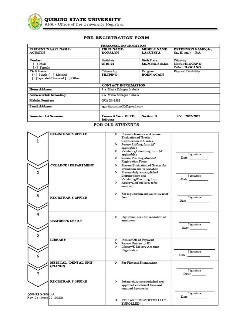 F1 A - Pre Reg Form - Old Studentsa Revised | PDF