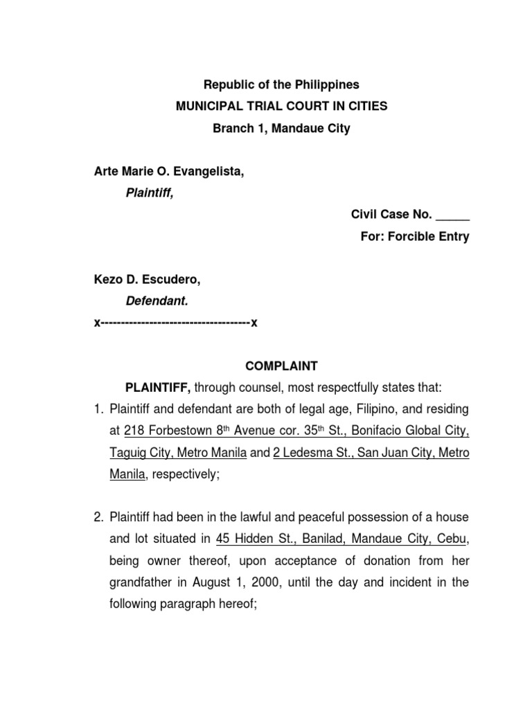 Complaint For Forcible Entry | PDF