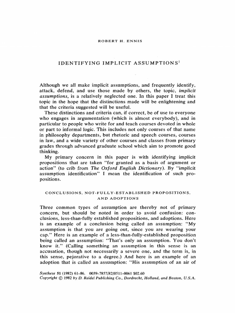 Ennis - 1982 - IDENTIFYING IMPLICIT ASSUMPTIONS | PDF | Argument | Deductive Reasoning