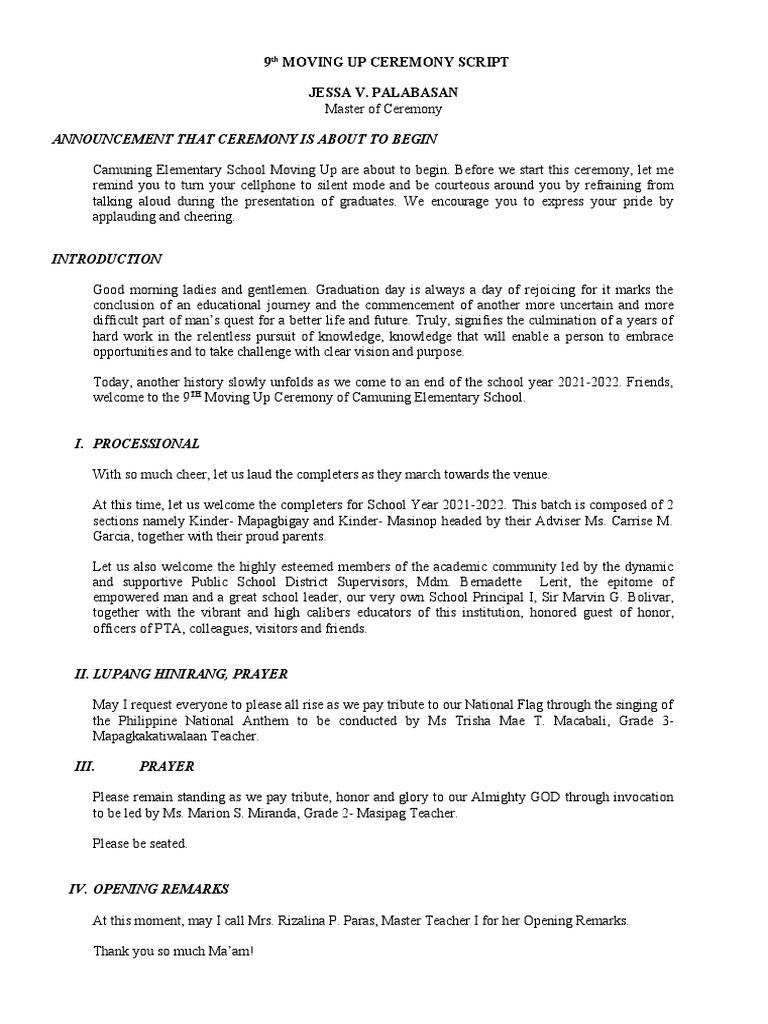 9th Moving Up Ceremony Script Pdf