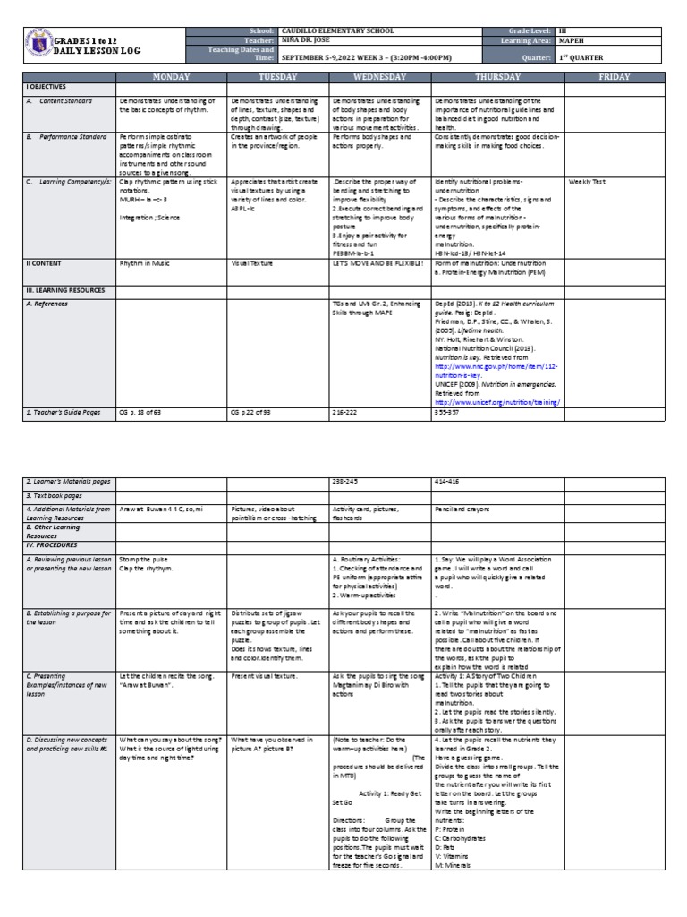 DLL Quarter 1 Week 3 MAPEH 3 | PDF