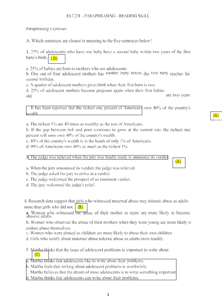 Paraphrasing Reading Skill - Sem 3 | PDF