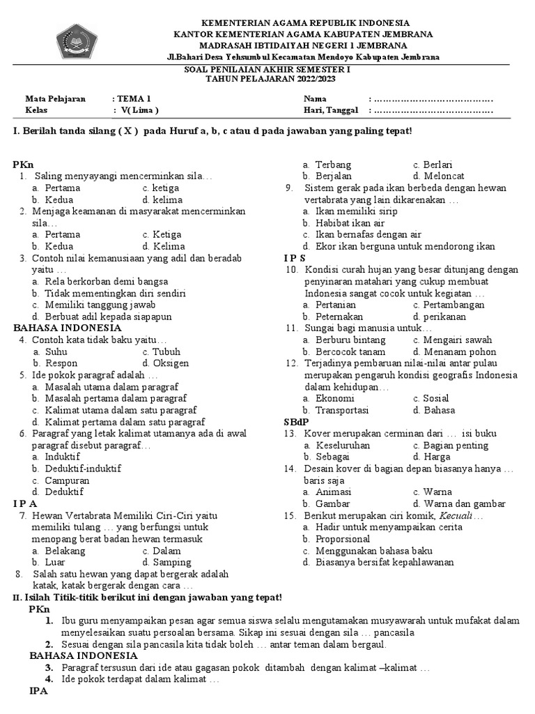 Soal Tema Dan Akidah Akhlaq 5a Dan 6 | PDF