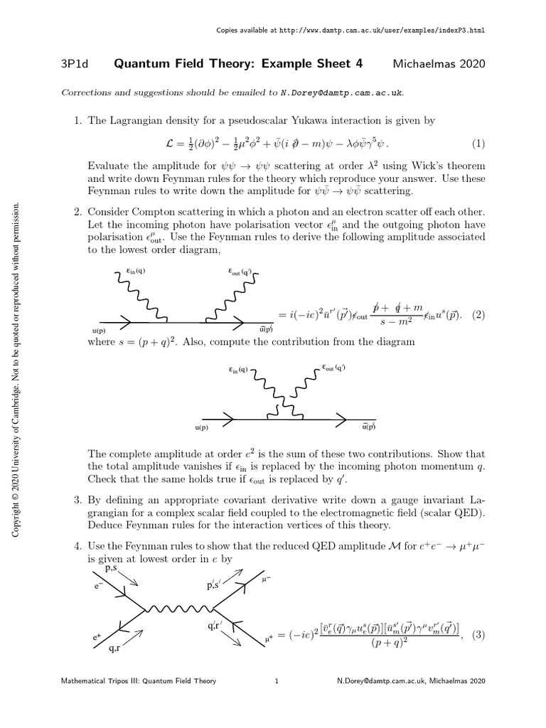Part III QFT Sheet 4 | PDF | Quantum Electrodynamics | Particle Physics