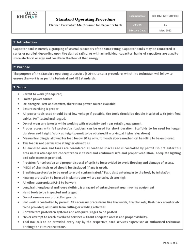 SOP For Capacitor Bank | PDF