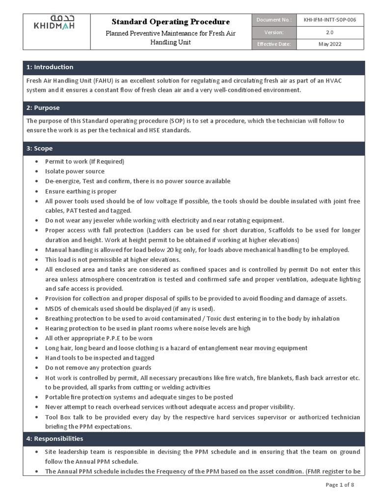 SOP For Fresh Air Handling Unit | PDF